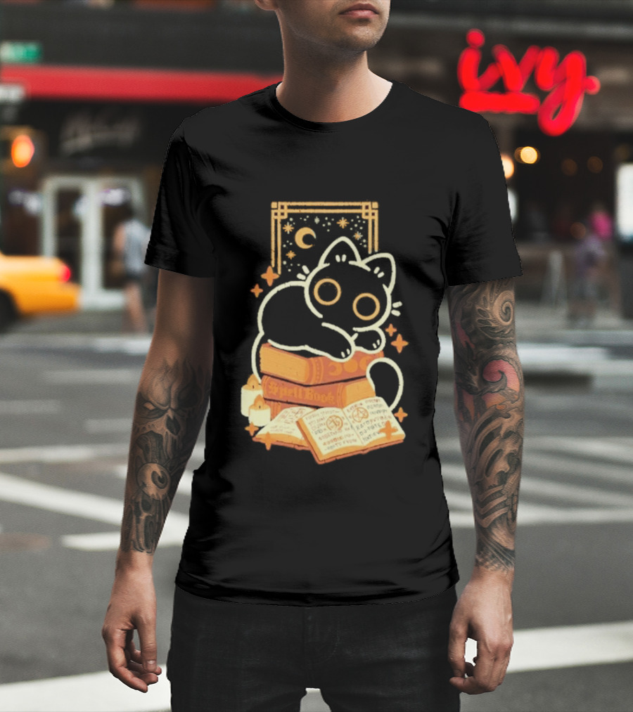 Black Cat Spell Book Candles Moon Stars Mystical Scene T-Shirt
