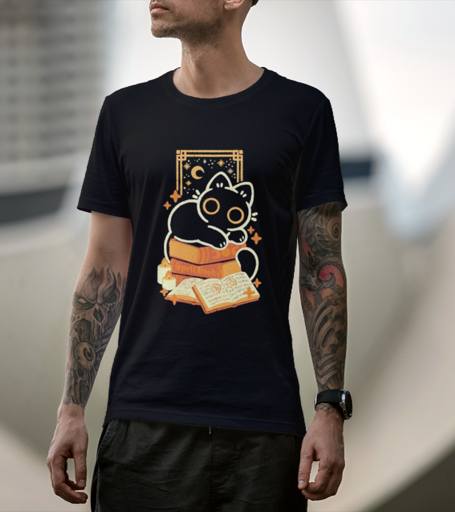 Black Cat Spell Book Candles Moon Stars Mystical Scene T-Shirt