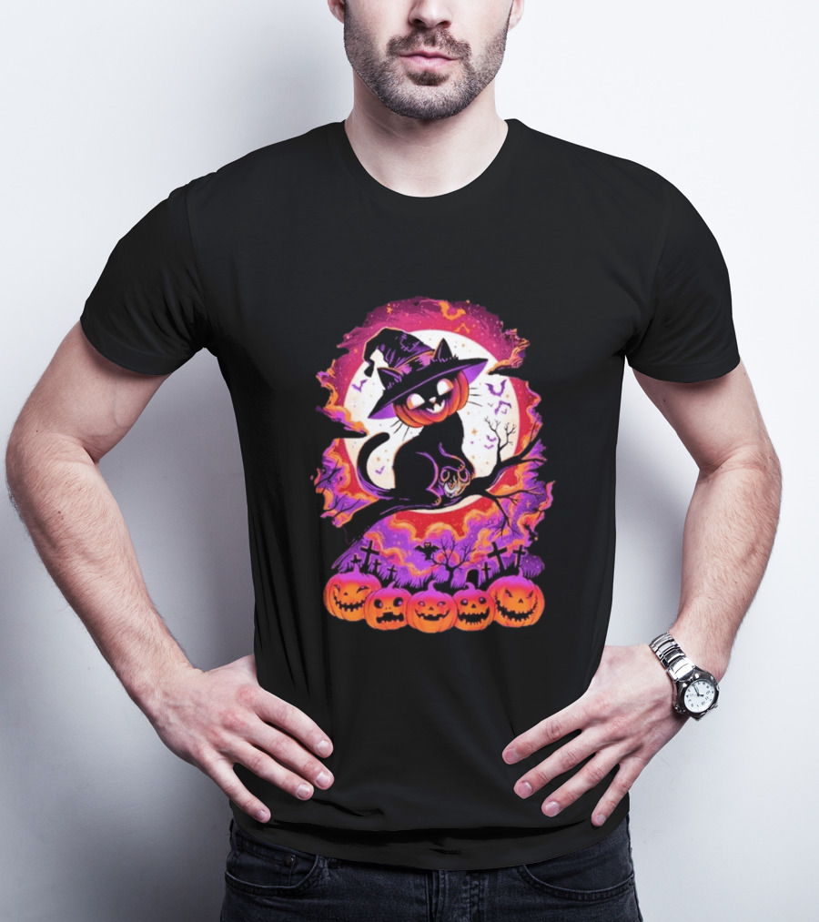 Halloween Cat O'Lantern Witch Hat Spooky Jack O' Lanterns Graveyard Scene T-Shirt