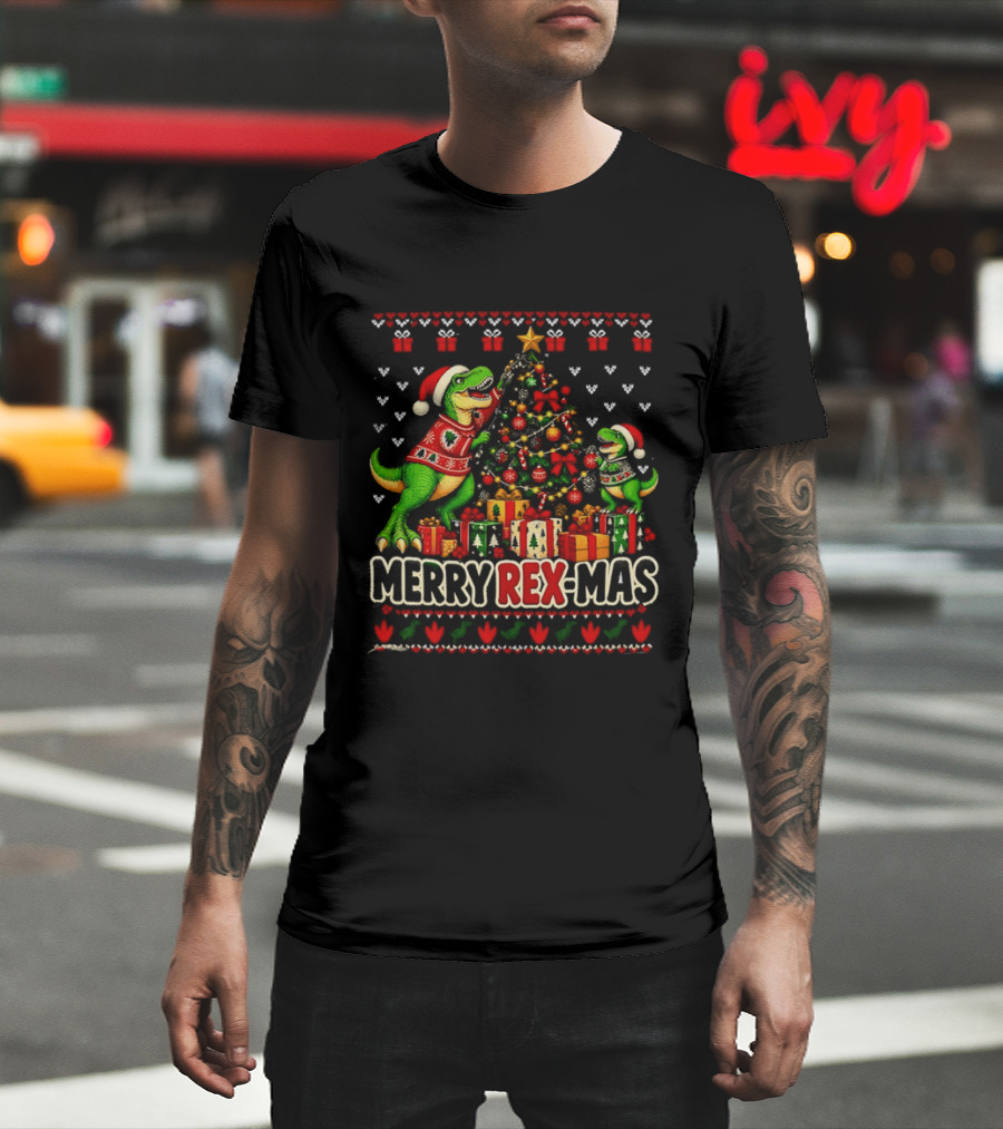 Merry Rex Mas Rex Dinosaur Christmas Tree Santa Hats T-Shirt