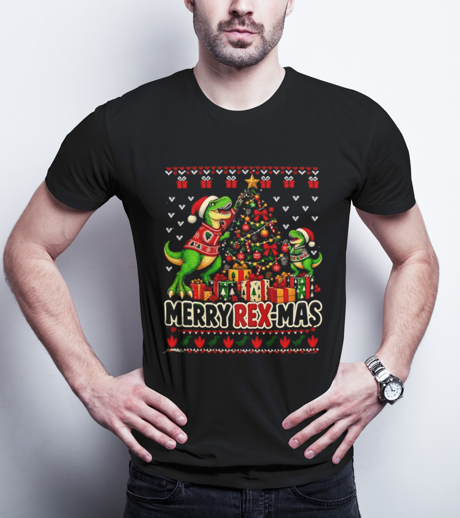 Merry Rex Mas Rex Dinosaur Christmas Tree Santa Hats T-Shirt