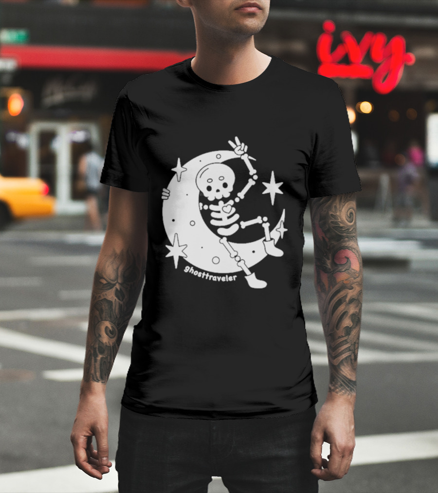 Ghosttraveler Skeleton On The Moon With Stars Spooky Halloween T-Shirt