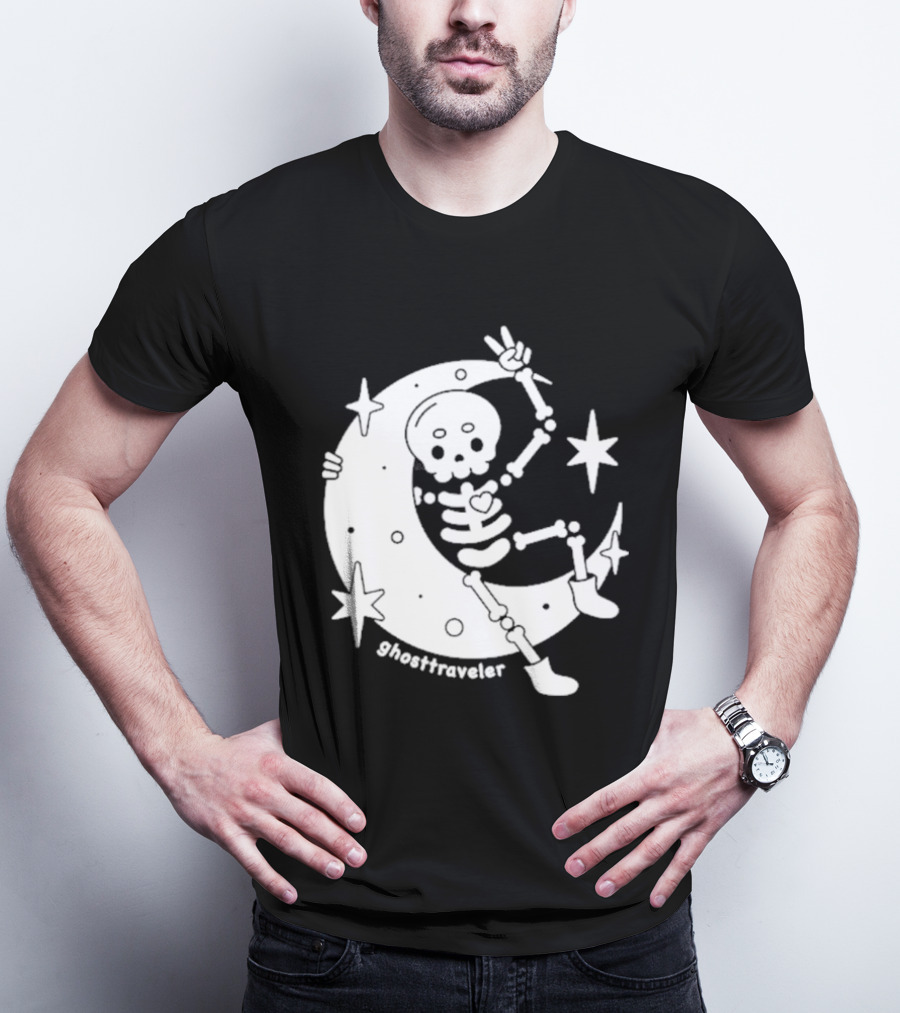Ghosttraveler Skeleton On The Moon With Stars Spooky Halloween T-Shirt