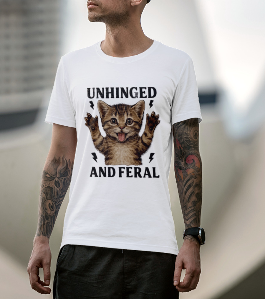 Unhinged And Feral Tabby Kitten Paws Up Tongue Out Cute Cat Lover's Humor T-Shirt