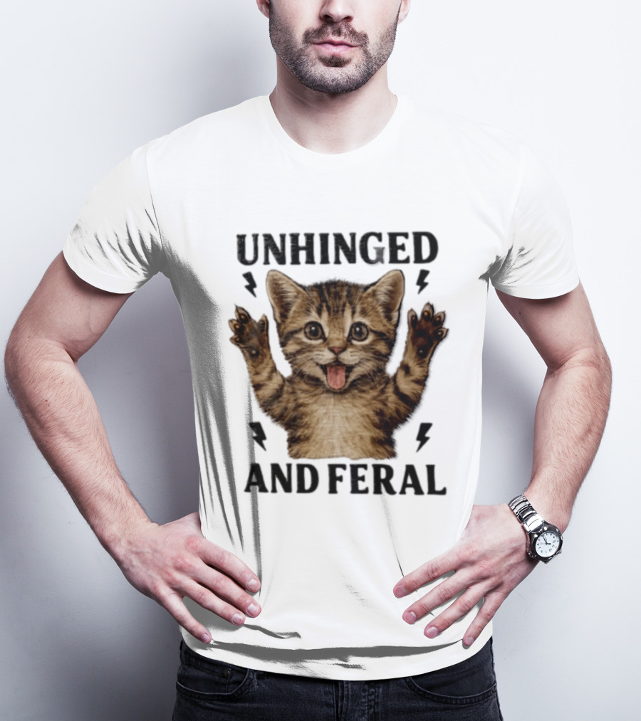 Unhinged And Feral Tabby Kitten Paws Up Tongue Out Cute Cat Lover's Humor T-Shirt