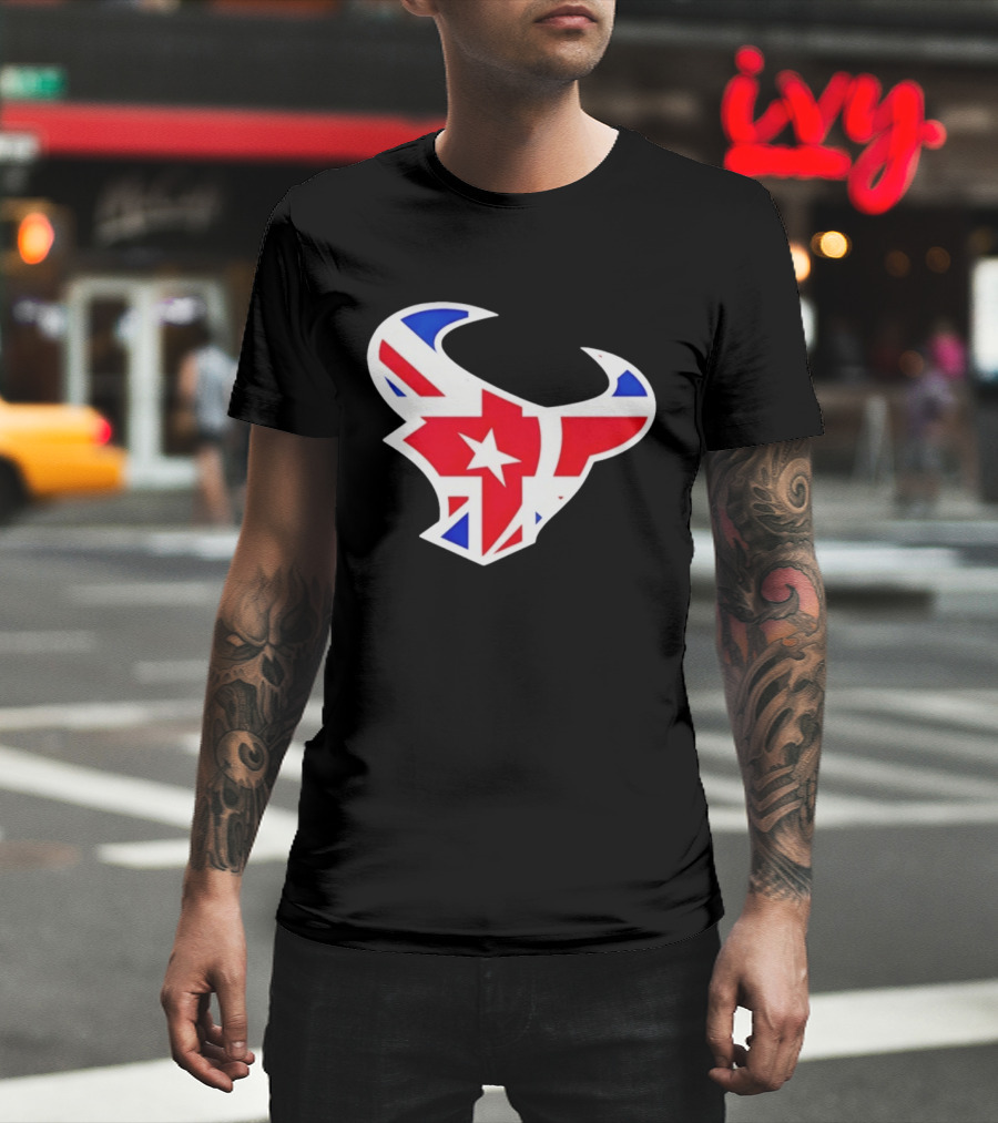 2026 Houston Texans London Game Union Jack Bull Football Event T-Shirt