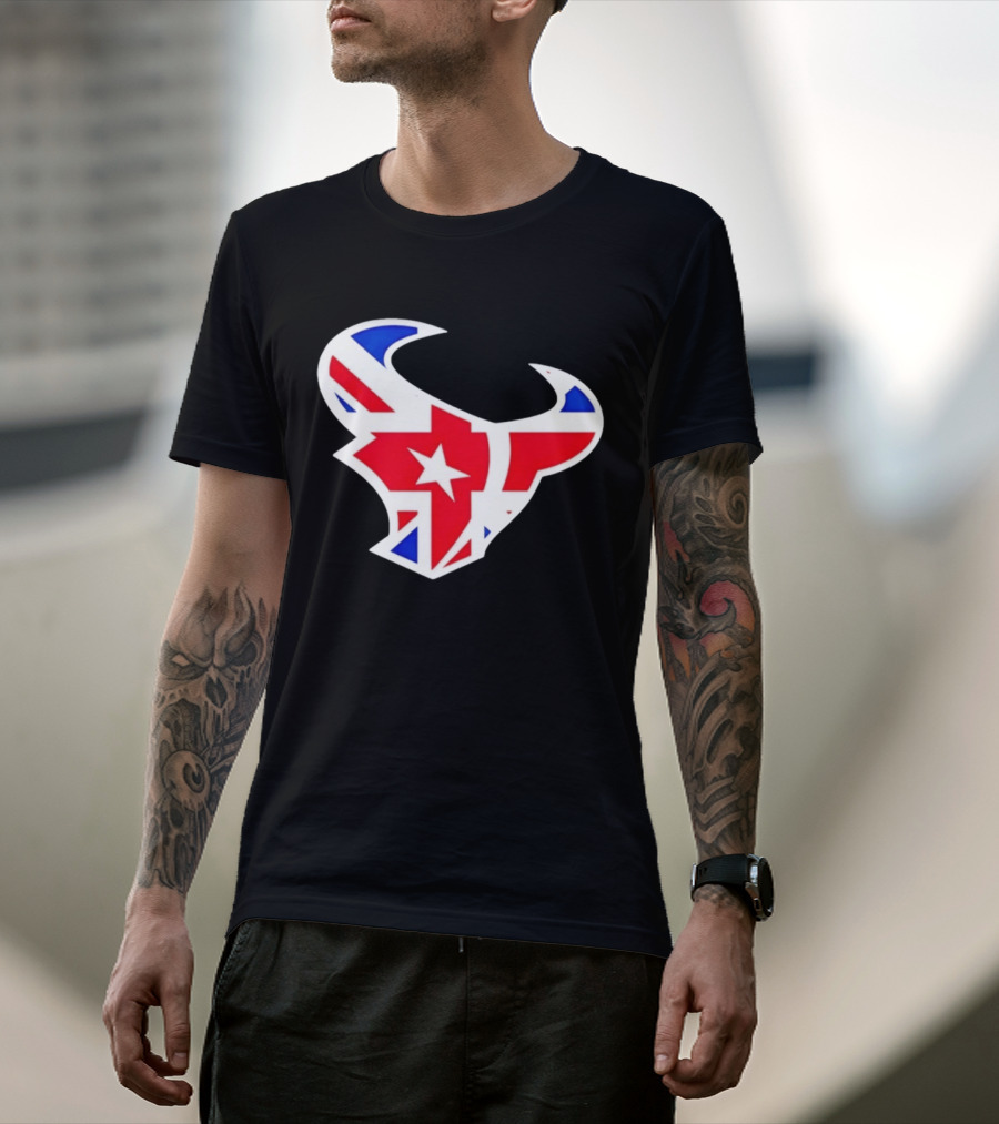 2026 Houston Texans London Game Union Jack Bull Football Event T-Shirt