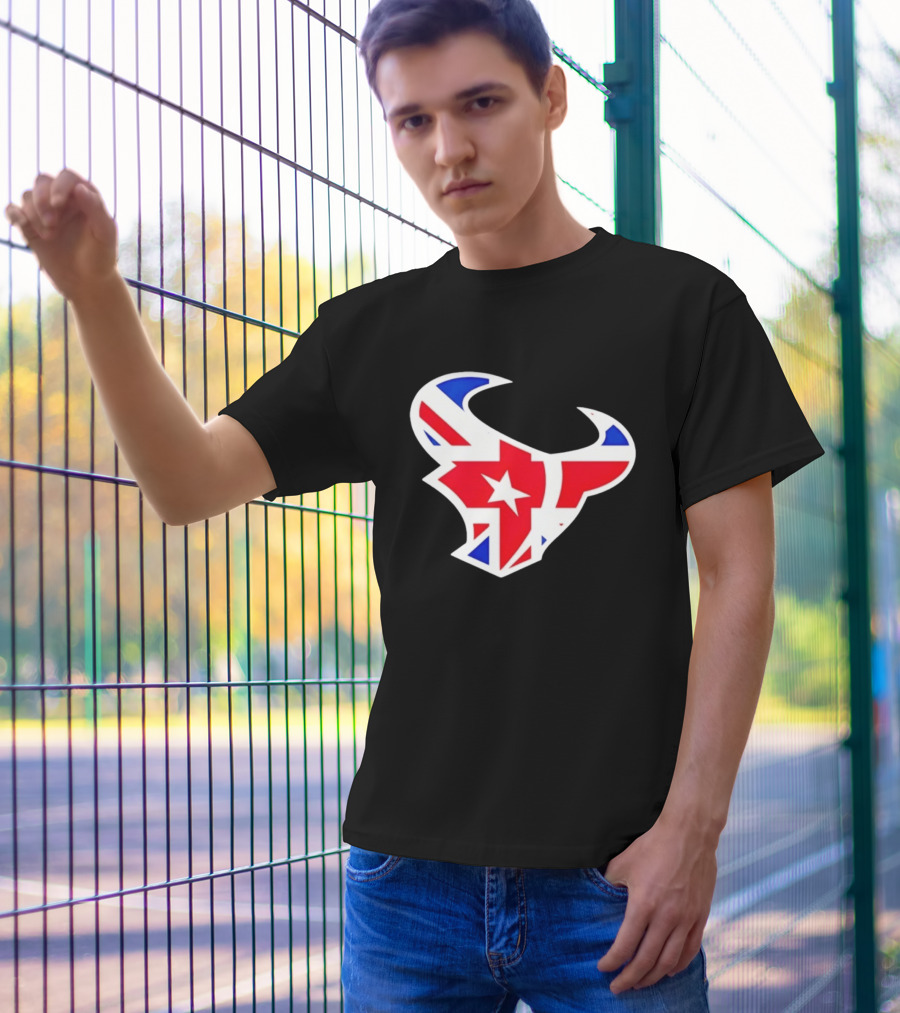 2026 Houston Texans London Game Union Jack Bull Football Event T-Shirt