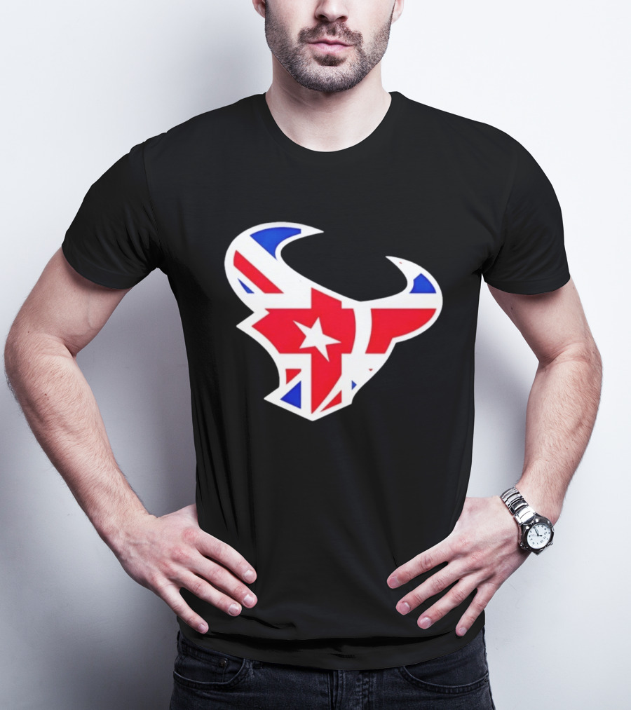 2026 Houston Texans London Game Union Jack Bull Football Event T-Shirt