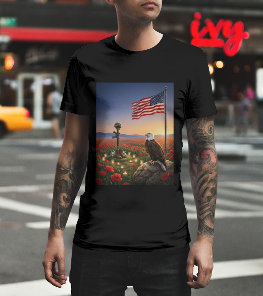 Battlefield Cross American Flag Eagle Honor Our Fallen Heroes Poppy Field T-Shirt