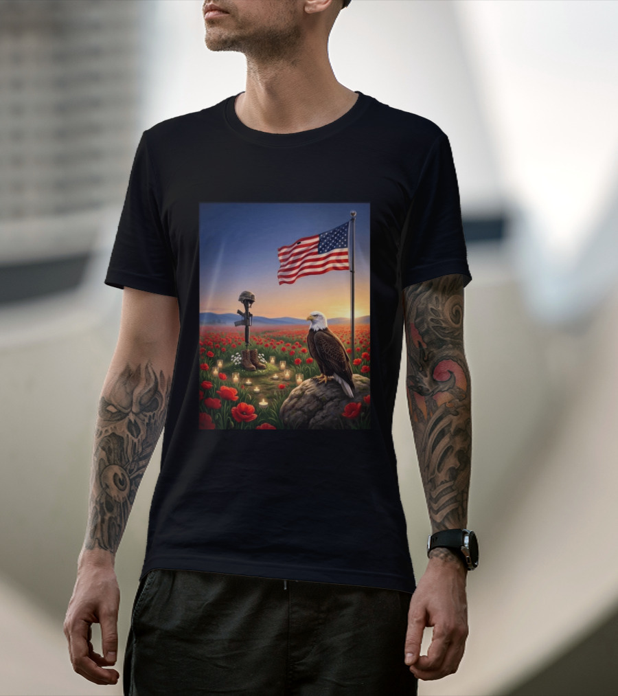 Battlefield Cross American Flag Eagle Honor Our Fallen Heroes Poppy Field T-Shirt
