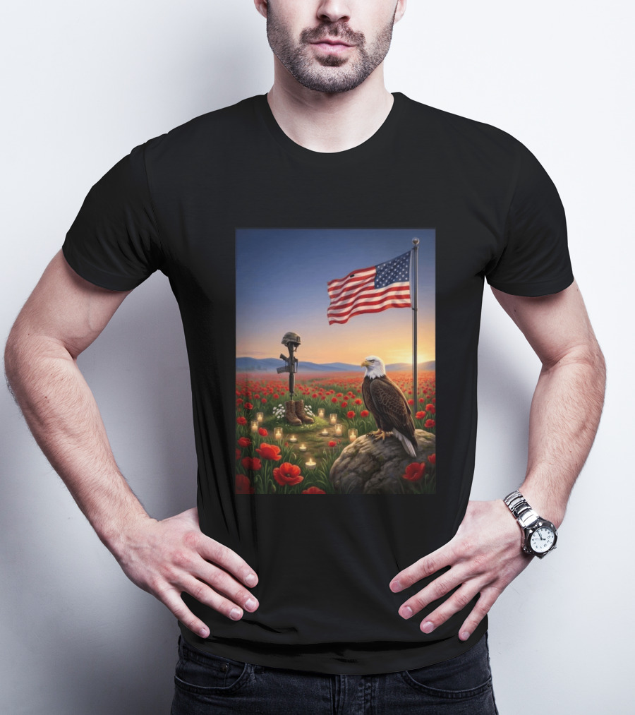 Battlefield Cross American Flag Eagle Honor Our Fallen Heroes Poppy Field T-Shirt