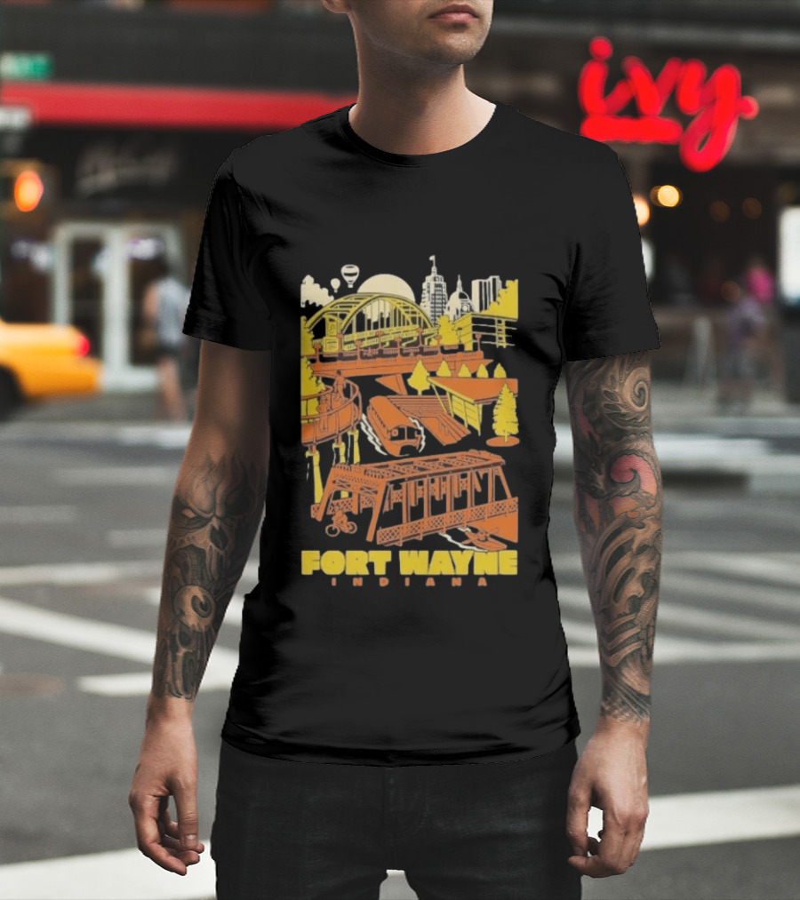 Fort Wayne Indiana Riverfront Yellow Orange Skyline And Bridges T-Shirt