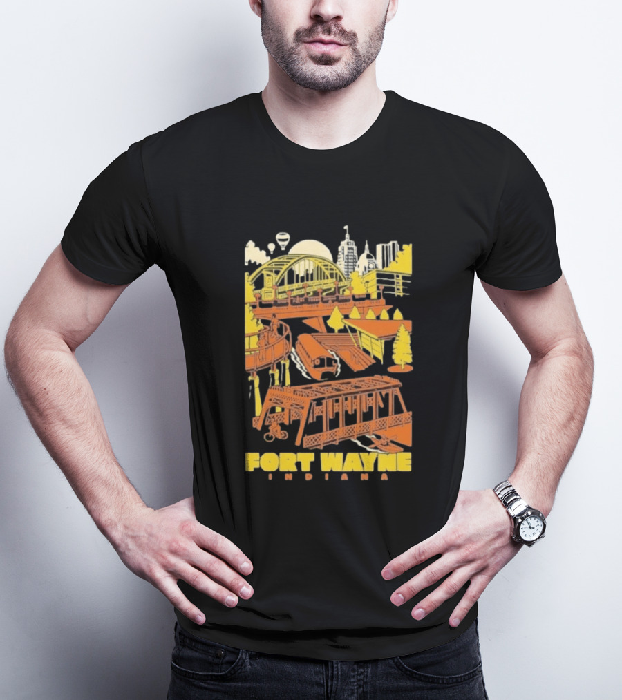 Fort Wayne Indiana Riverfront Yellow Orange Skyline And Bridges T-Shirt