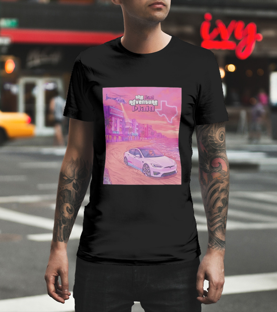 Rad Adventure Plaid Tesla Beach Gag City Joshwest247 Texas Neon Helicopter T-Shirt