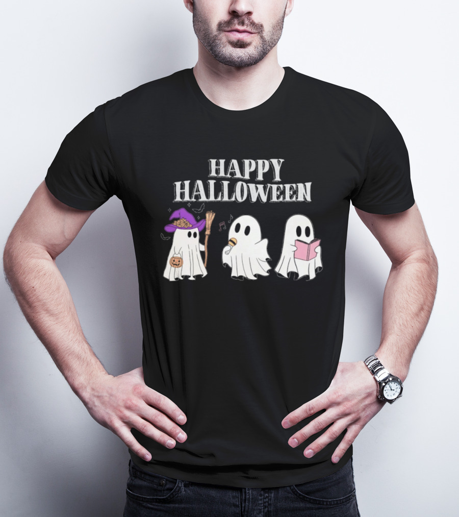 Happy Halloween Ghosts With Witch Hat Singing And Reading T-Shirt