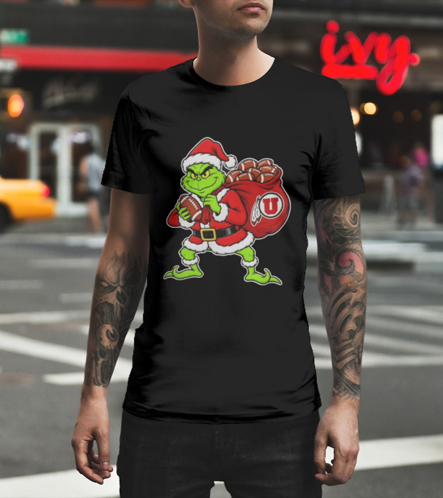 Santa Grinch Utah Utes With Chiefs Footballs Christmas T-Shirt