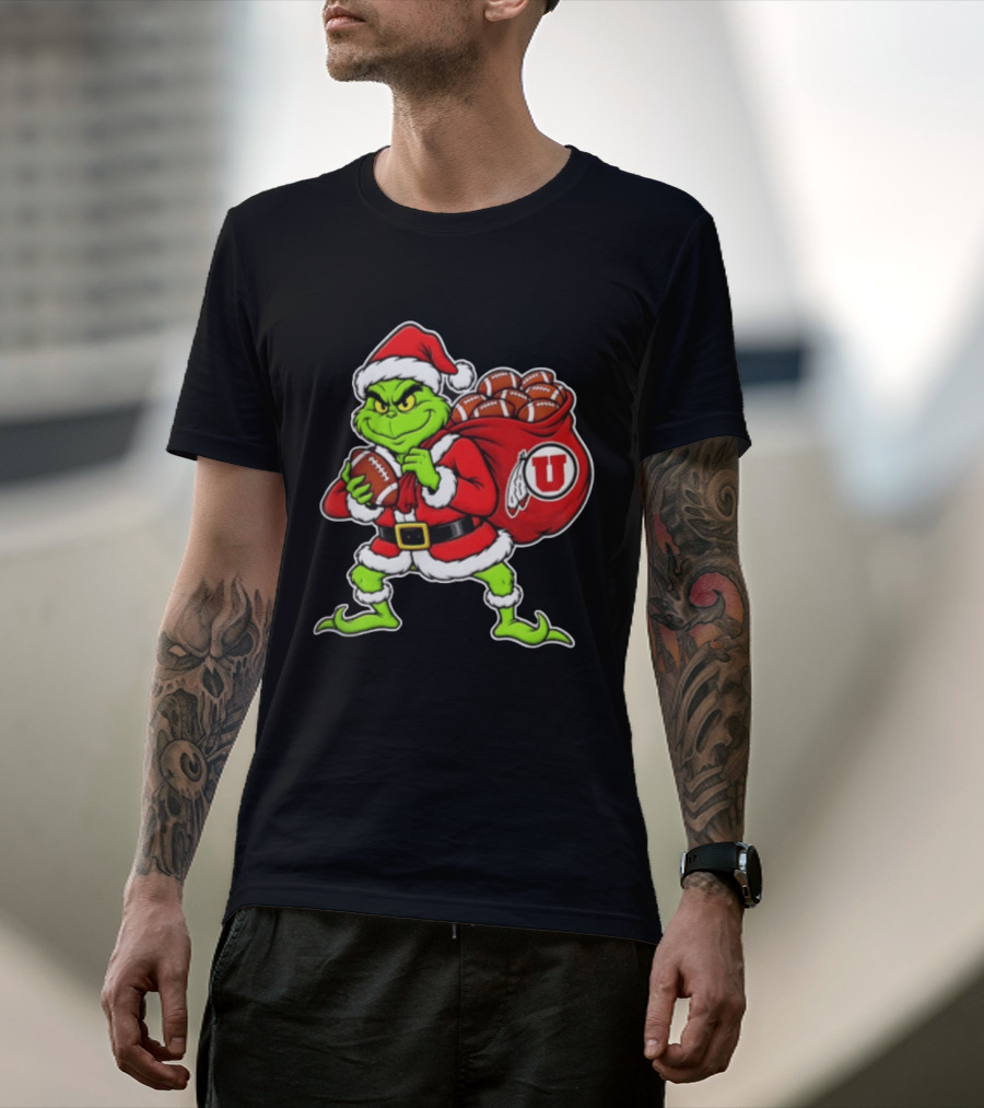 Santa Grinch Utah Utes With Chiefs Footballs Christmas T-Shirt