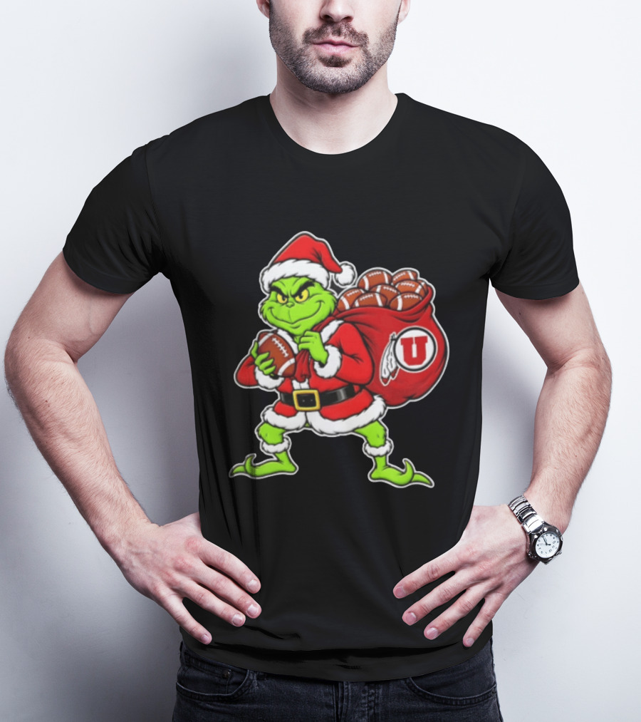 Santa Grinch Utah Utes With Chiefs Footballs Christmas T-Shirt