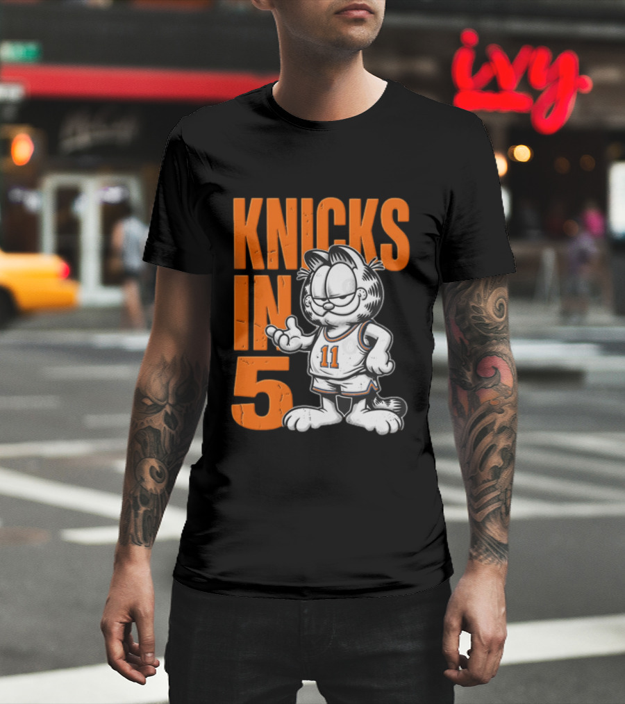 Knicks In 5 Cartoon Cat Wearing Basketball Jersey T-Shirt