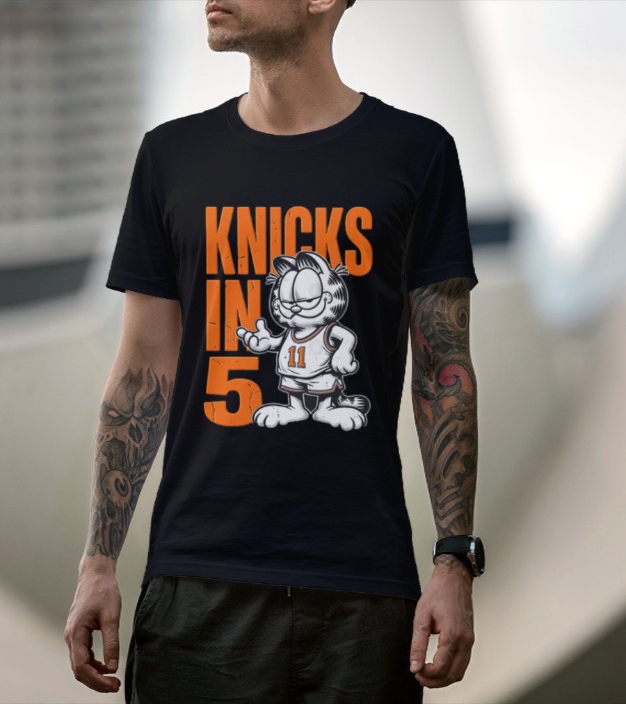 Knicks In 5 Cartoon Cat Wearing Basketball Jersey T-Shirt
