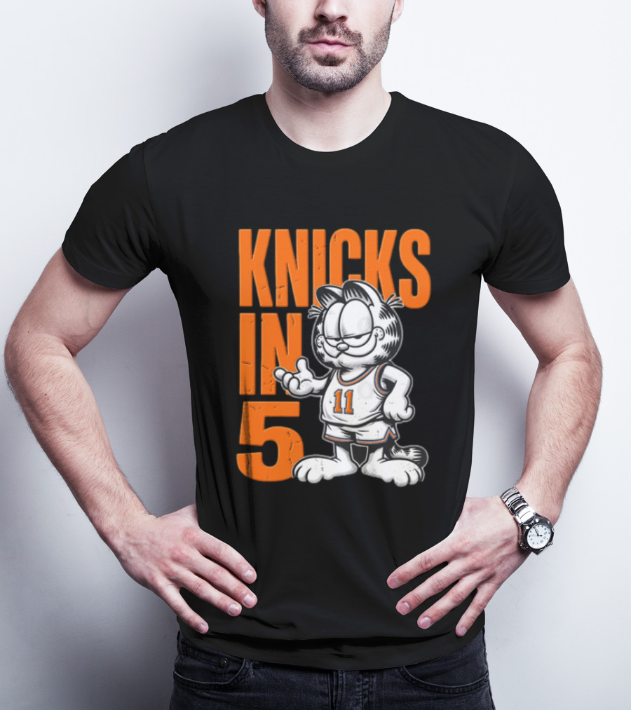 Knicks In 5 Cartoon Cat Wearing Basketball Jersey T-Shirt
