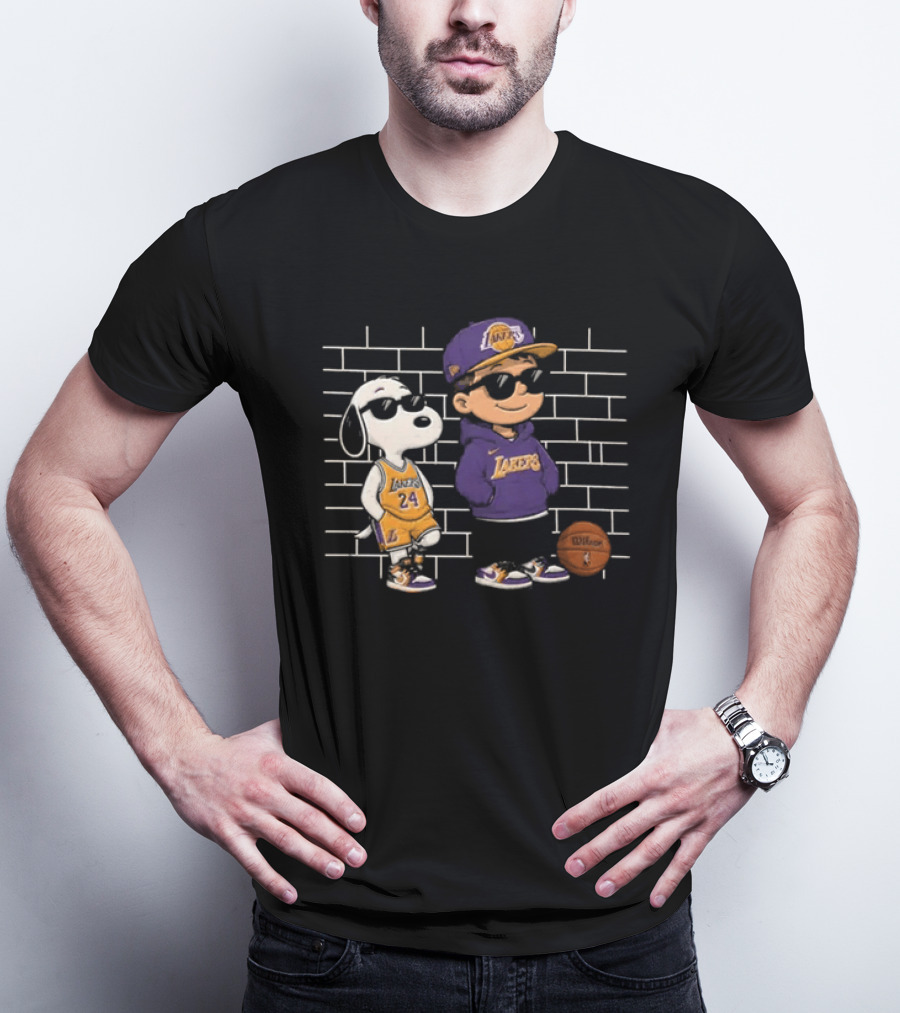 Snoopy And Charlie Brown Los Angeles Lakers Basketball Fan Team Outfit T-Shirt
