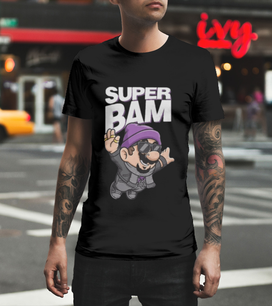 Super Bam Margera Cartoon Style Jackass Purple Beanie Sunglasses Rugged Look T-Shirt