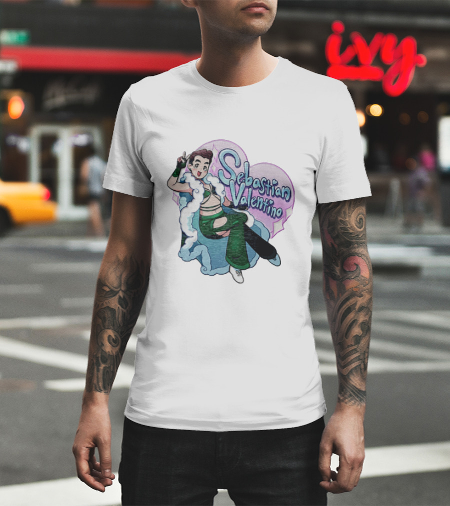 Sebastian Valentino Cartoon Character Peace Pose Sparkling Heart T-Shirt