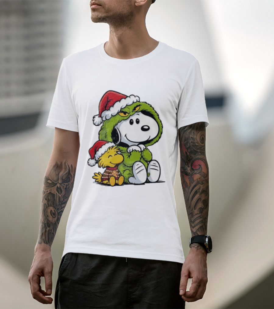 Snoopy And Woodstock In Grinch Costumes With Santa Hats Christmas T-Shirt