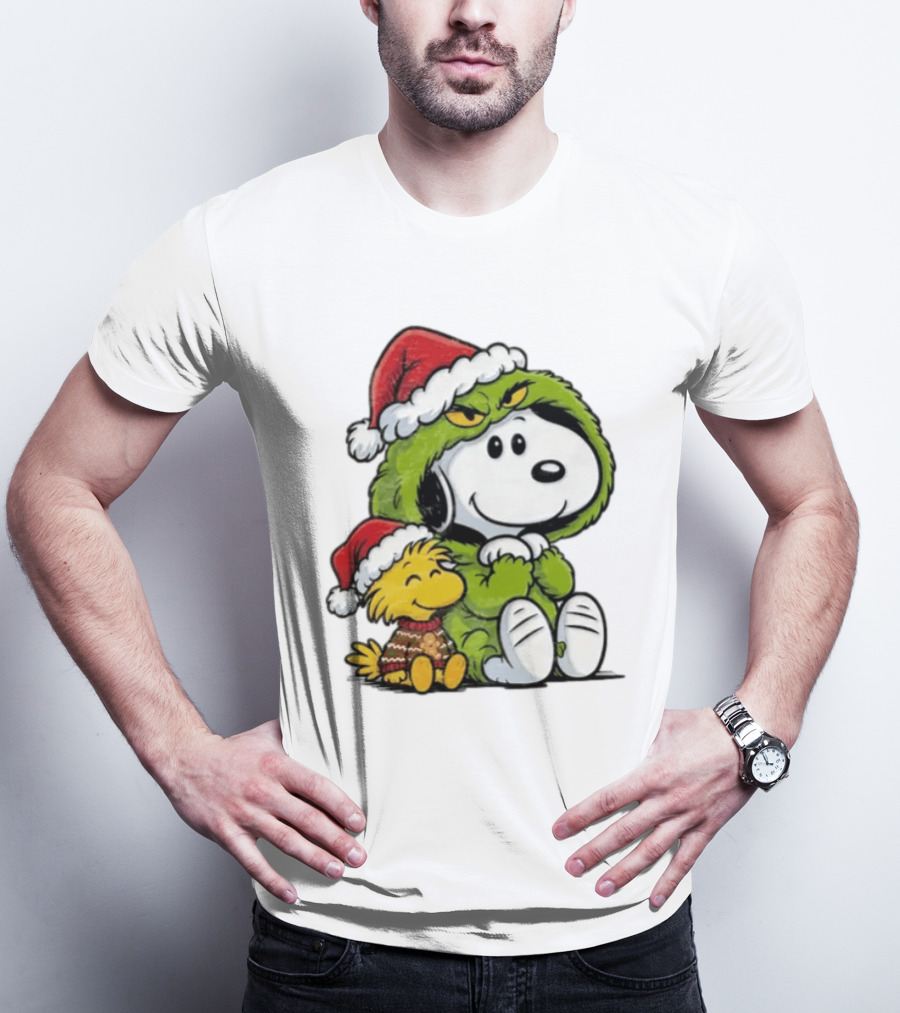 Snoopy And Woodstock In Grinch Costumes With Santa Hats Christmas T-Shirt