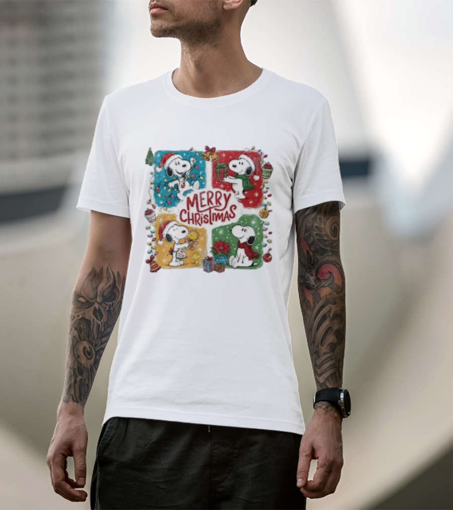 Snoopy Merry Christmas Festive Celebration With Presents And Santa Hat T-Shirt