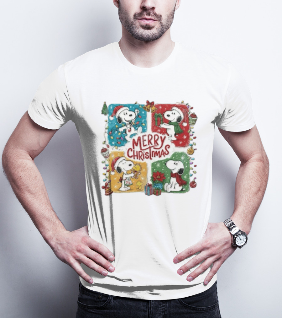 Snoopy Merry Christmas Festive Celebration With Presents And Santa Hat T-Shirt