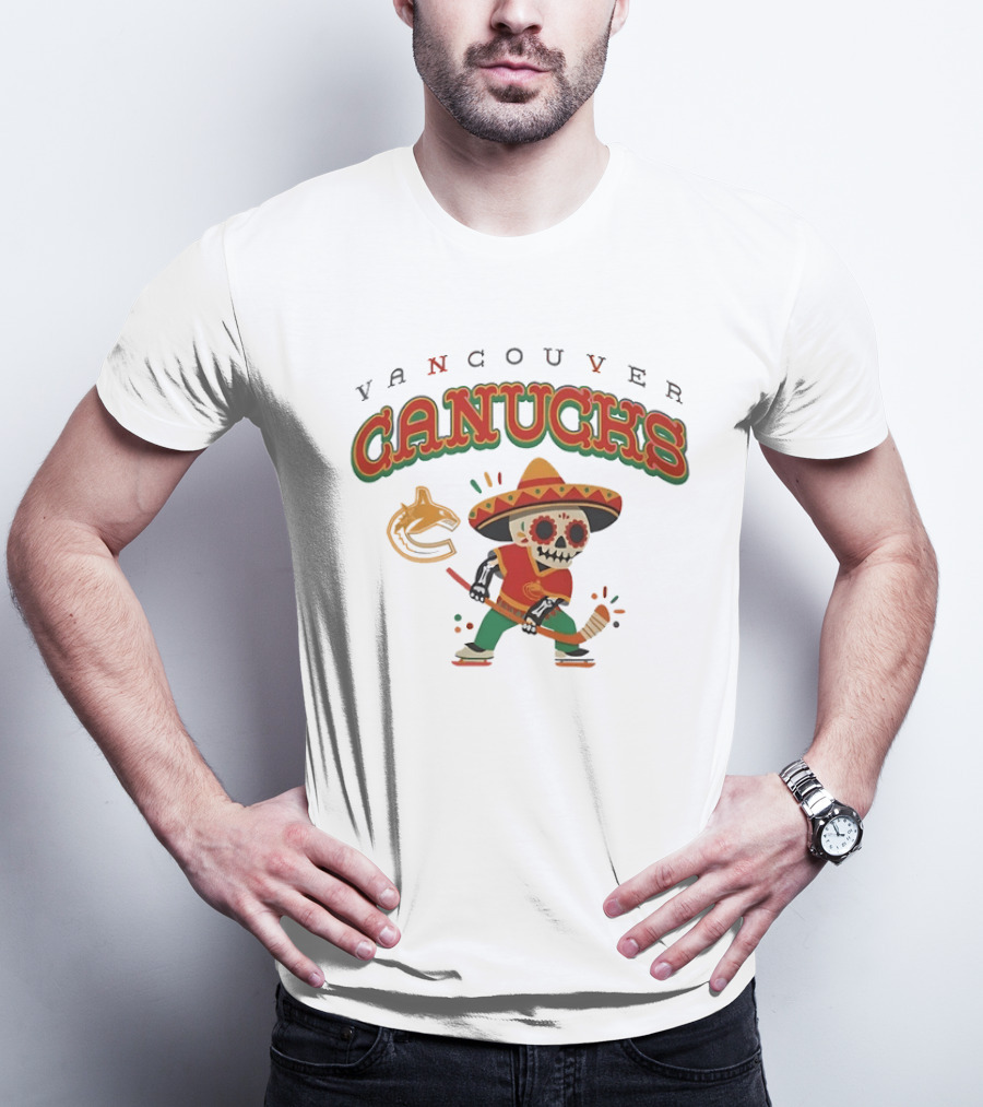 Vancouver Canucks Dia De Los Muertos Sugar Skull Hockey Player T-Shirt