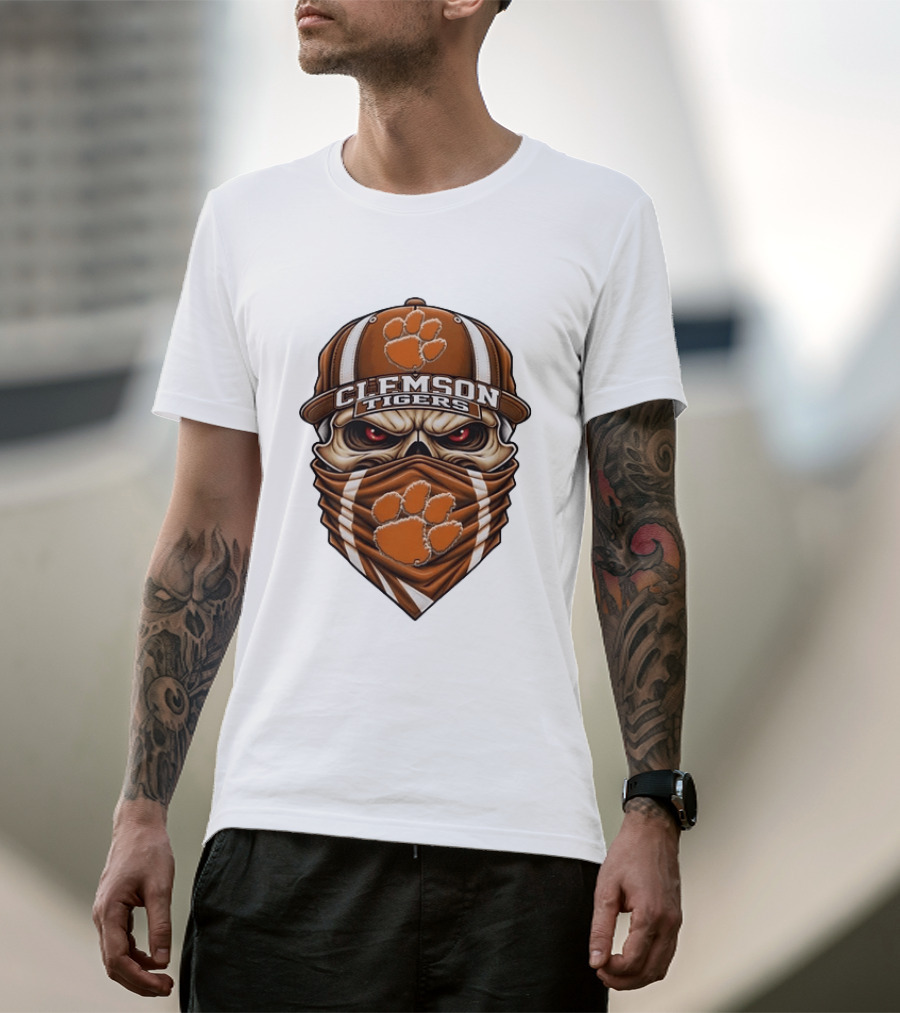 Clemson Tigers Skull Mask With Paw Cap T-Shirt