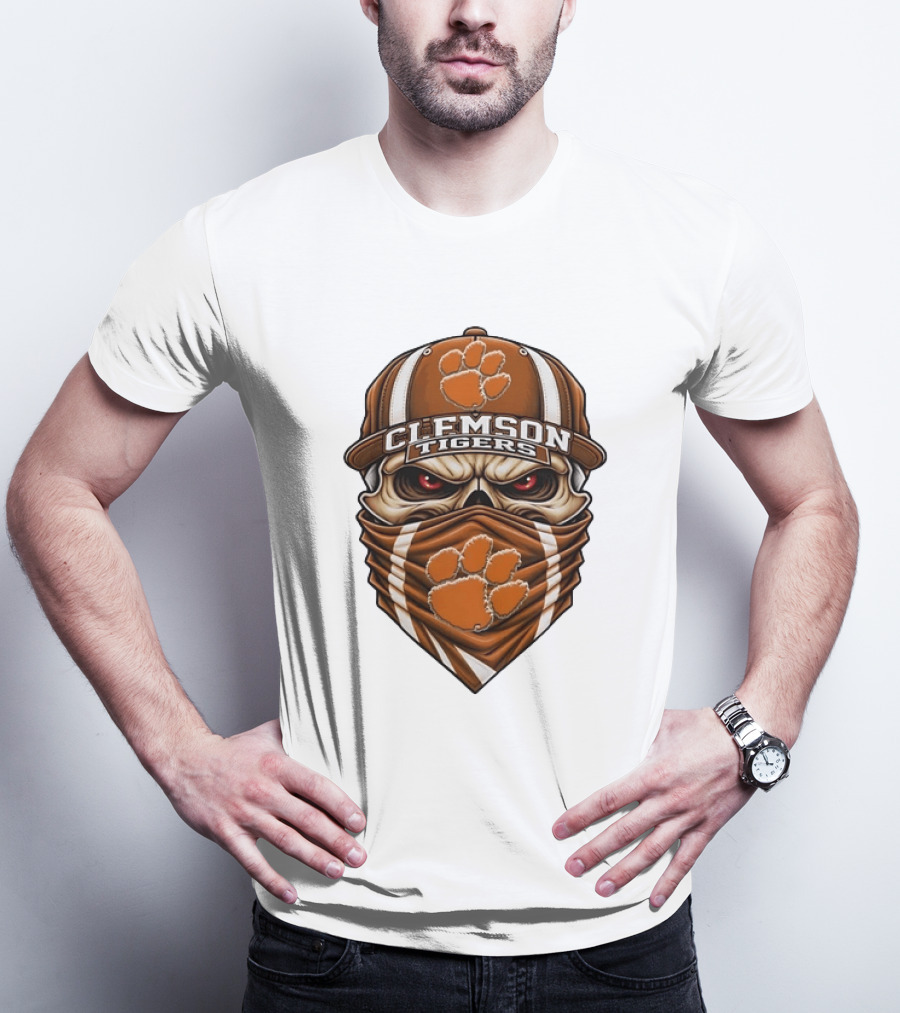 Clemson Tigers Skull Mask With Paw Cap T-Shirt