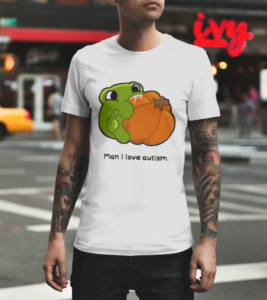Man I Love Autism Frog Holding Halloween Pumpkin T-Shirt