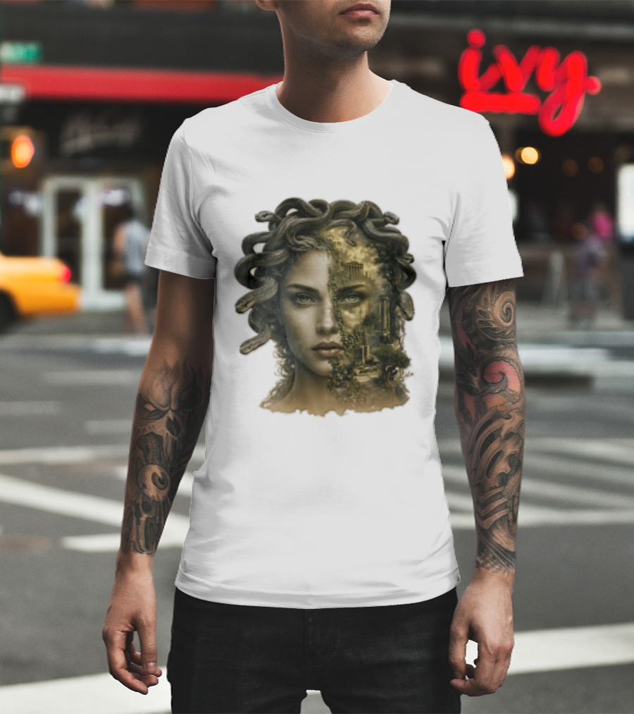 Medusa Woman Face Snakes Hair Ancient Ruins T-Shirt