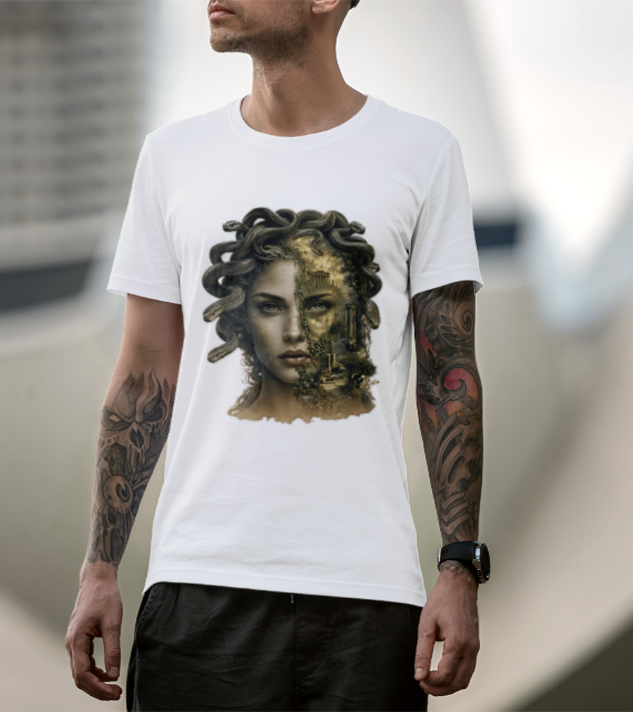 Medusa Woman Face Snakes Hair Ancient Ruins T-Shirt