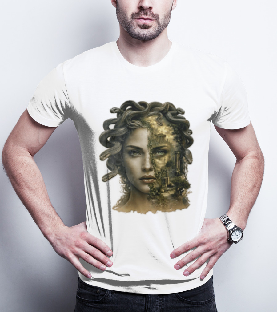 Medusa Woman Face Snakes Hair Ancient Ruins T-Shirt