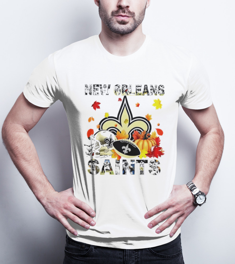 New Orleans Saints Autumn 2026 Pumpkin Leaves Football T-Shirt