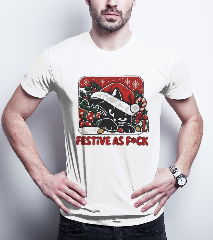 Grumpy Black Cat Festive Christmas Santa Hat Holiday Humor T-Shirt
