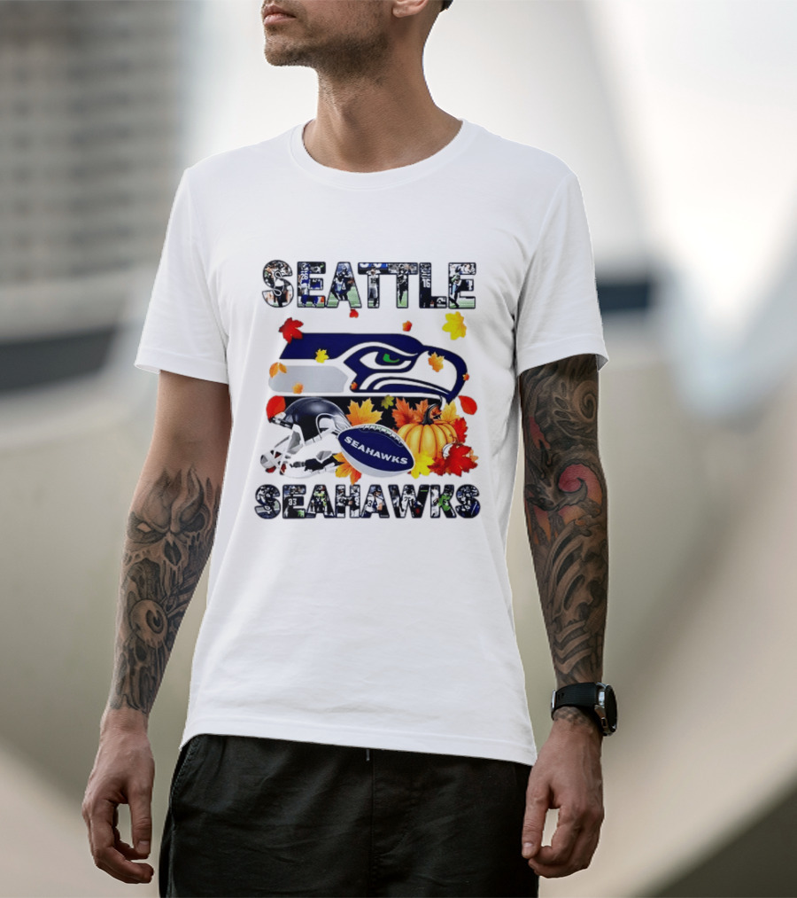 Seattle Seahawks Autumn Legend Player 2026 Football Helmet Pumpkin Leaves T-Shirt