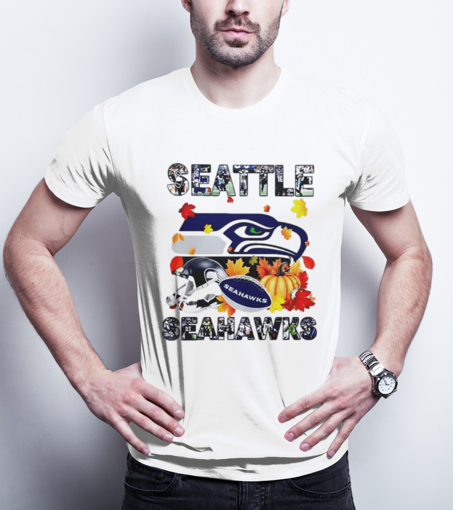 Seattle Seahawks Autumn Legend Player 2026 Football Helmet Pumpkin Leaves T-Shirt