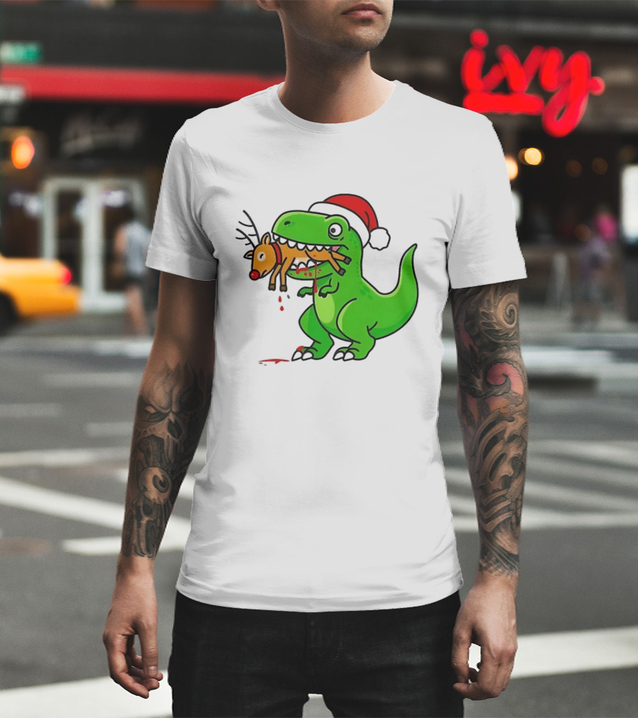 T Rex Eating A Reindeer Santa Hat Christmas Fun T-Shirt