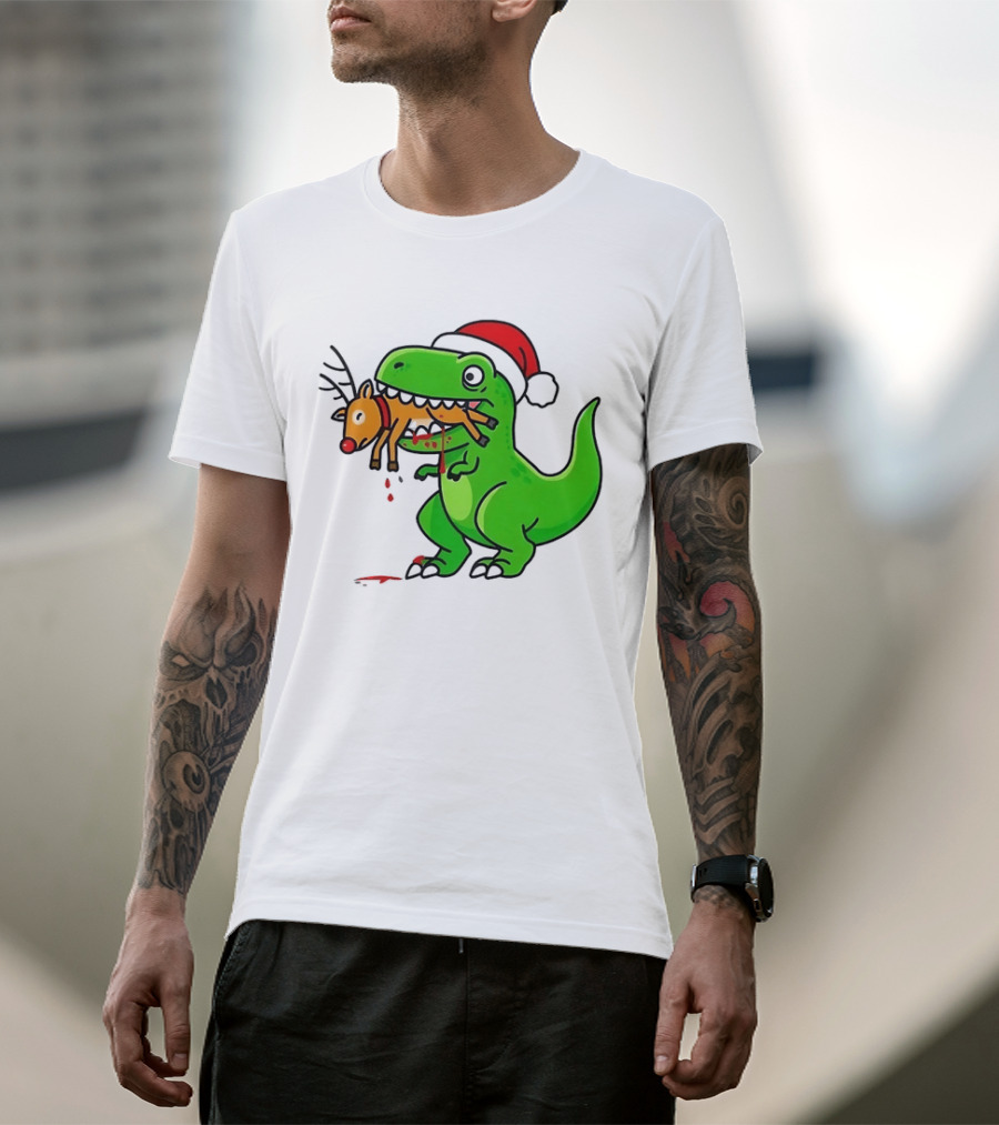 T Rex Eating A Reindeer Santa Hat Christmas Fun T-Shirt