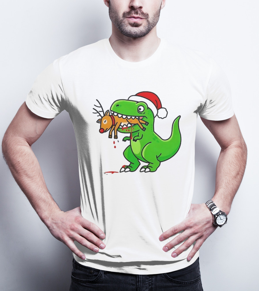 T Rex Eating A Reindeer Santa Hat Christmas Fun T-Shirt