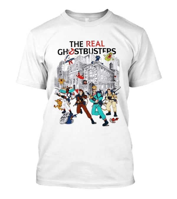 The Real Ghostbusters Cartoon Characters Firehouse Ecto 1 Proton Pack T-Shirt