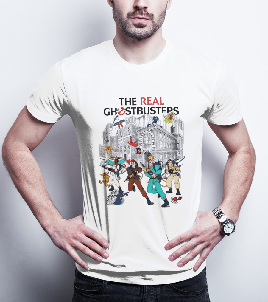The Real Ghostbusters Cartoon Characters Firehouse Ecto 1 Proton Pack T-Shirt