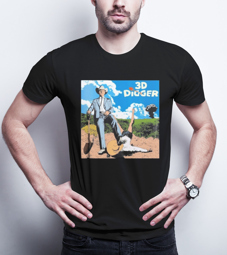 3D Digger Rockwell Western Cowboy Shovel Scene T-Shirt